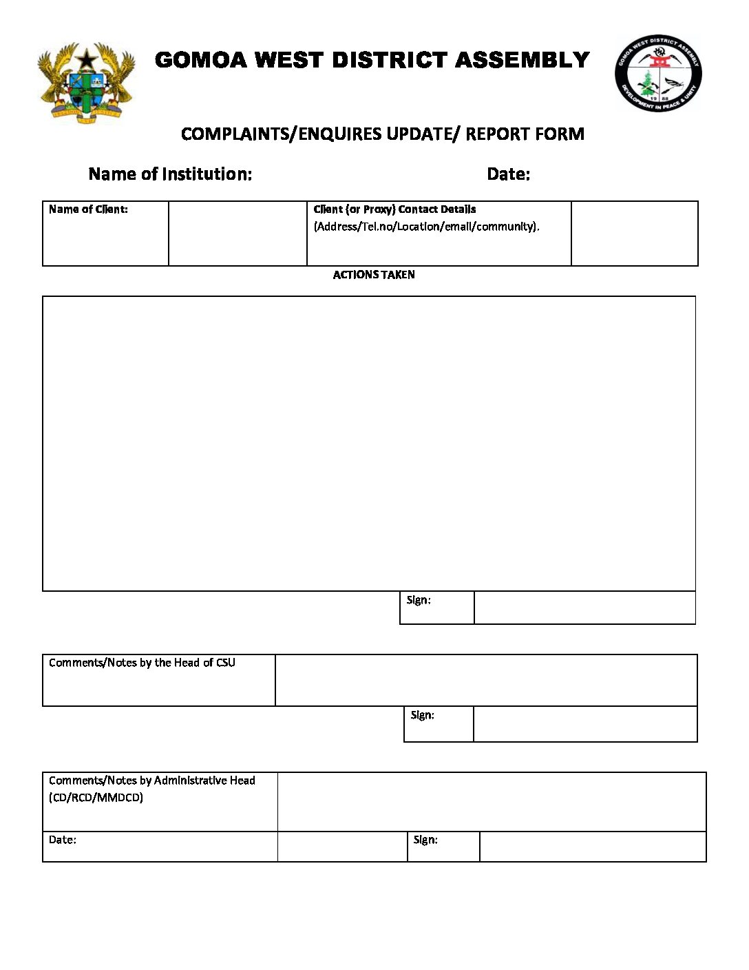 COMPLAINT-ENQUIRE UPDATE-REPORT FORM – Gomoa West District Assembly
